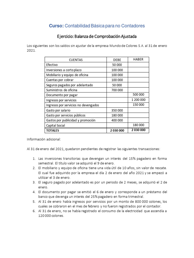 Documento para realizar el Ejercicio de Balance de Comprobación Ajustado.docx | Descargar gratis ...
