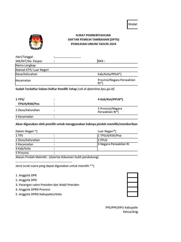 Formulir DPTB Tahun 2024 Sesuai Surat 695 | PDF