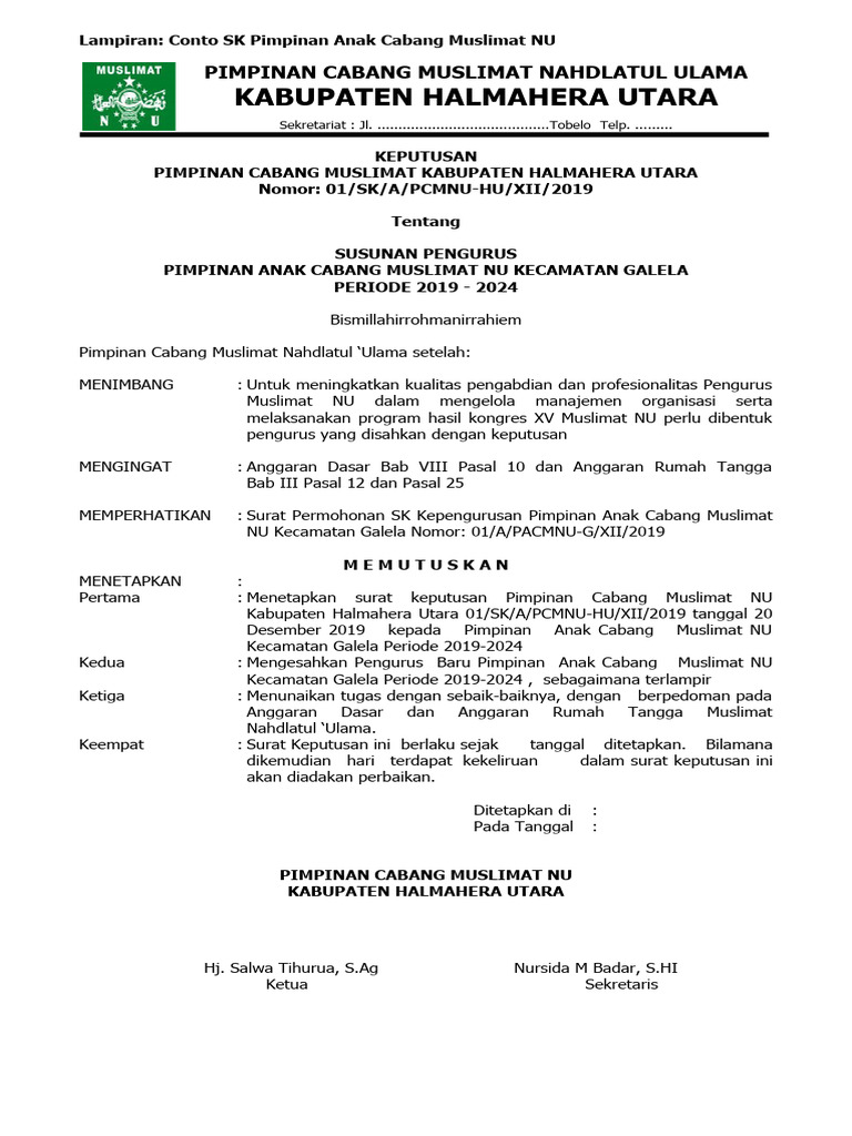 Contoh SK Anak Cabang Dan Ranting Muslimat Nu | PDF