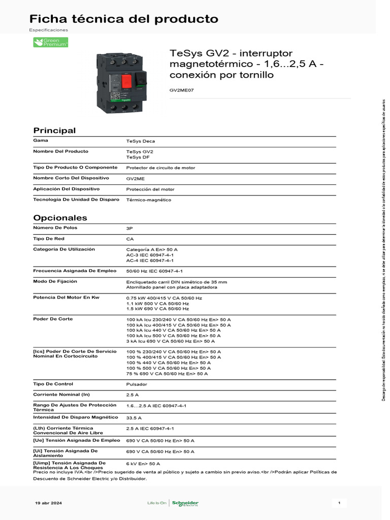 Schneider Electric Interruptor-De-motor GV2ME07 | PDF | Ingenieria ...