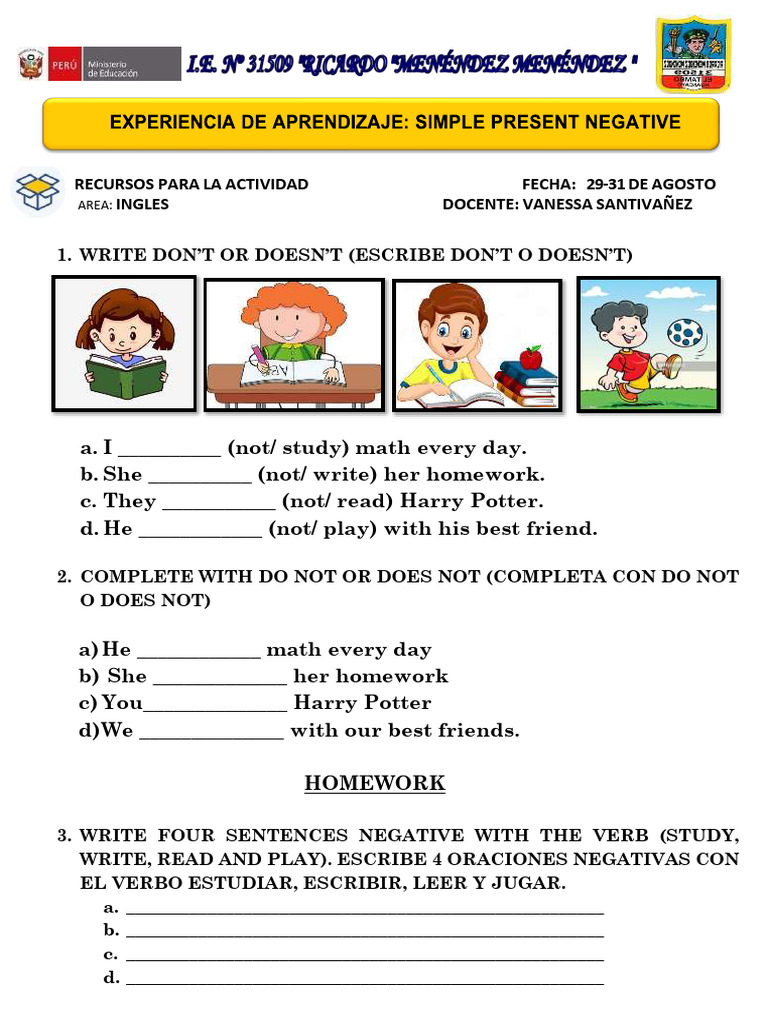 SIMPLE PRESENT NEGATIVE CUARTA SEMANA MAYO Inglés | PDF