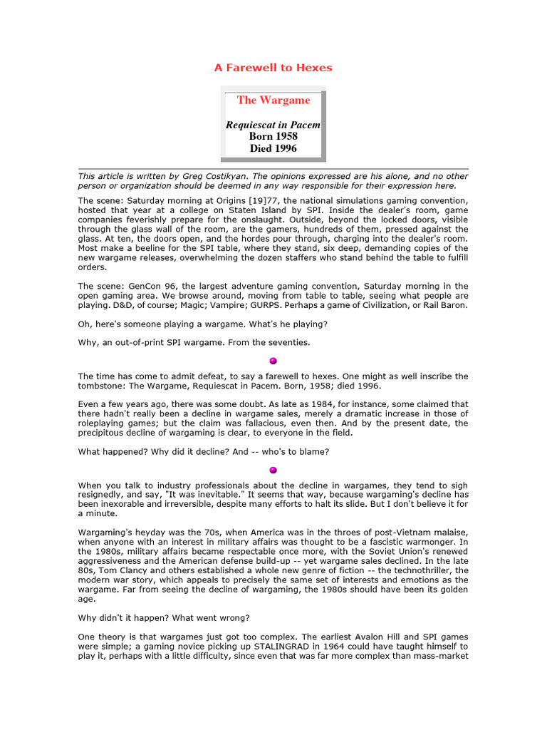 A Farewell To Hexes - Requiescat in Pacem - SPI | PDF | Tsr, Inc. | Gaming