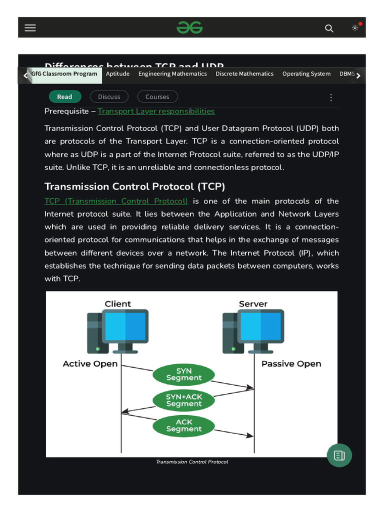 Differences Between TCP and UDP - GeeksforGeeks | PDF | Transmission Control Protocol | Internet ...