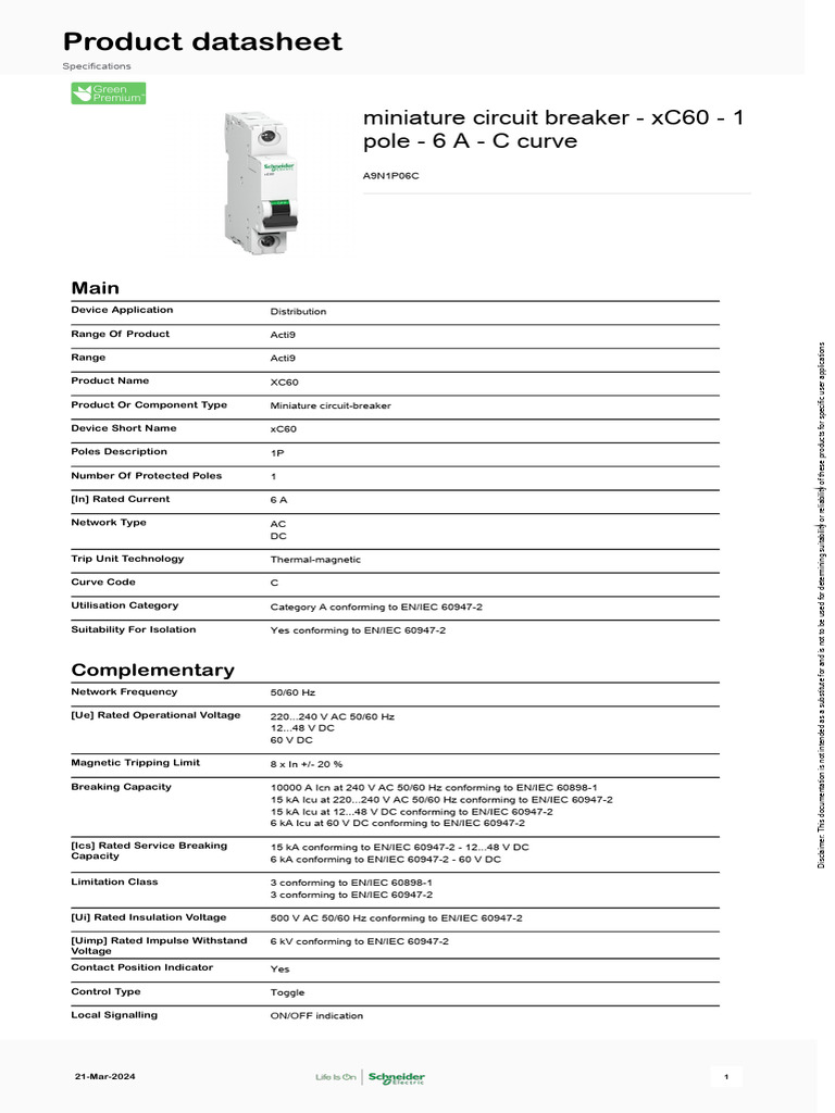 Acti9 xC60 6A 1P MCB Datasheet | PDF | Alternating Current | Electronics