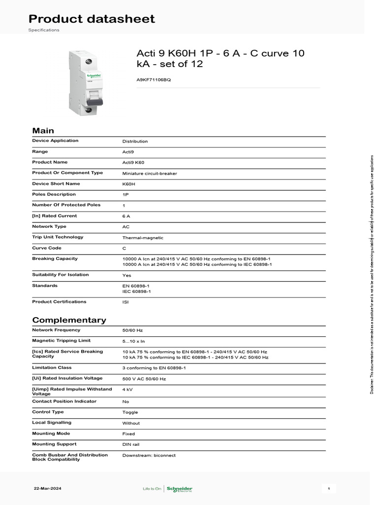 Schneider Electric - Acti9-iK60 - A9KF71106BQ | PDF | Alternating Current | Hertz