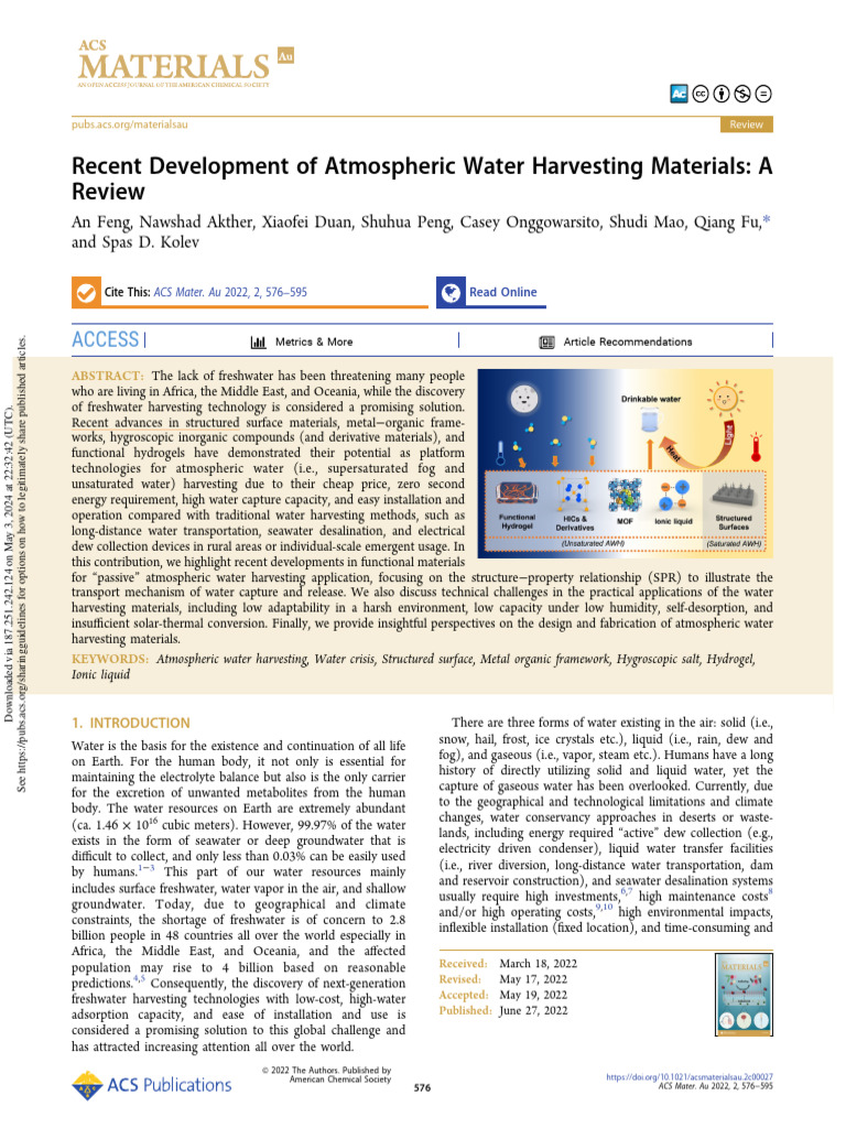 Feng Et Al 2022 Recent Development of Atmospheric Water Harvesting ...