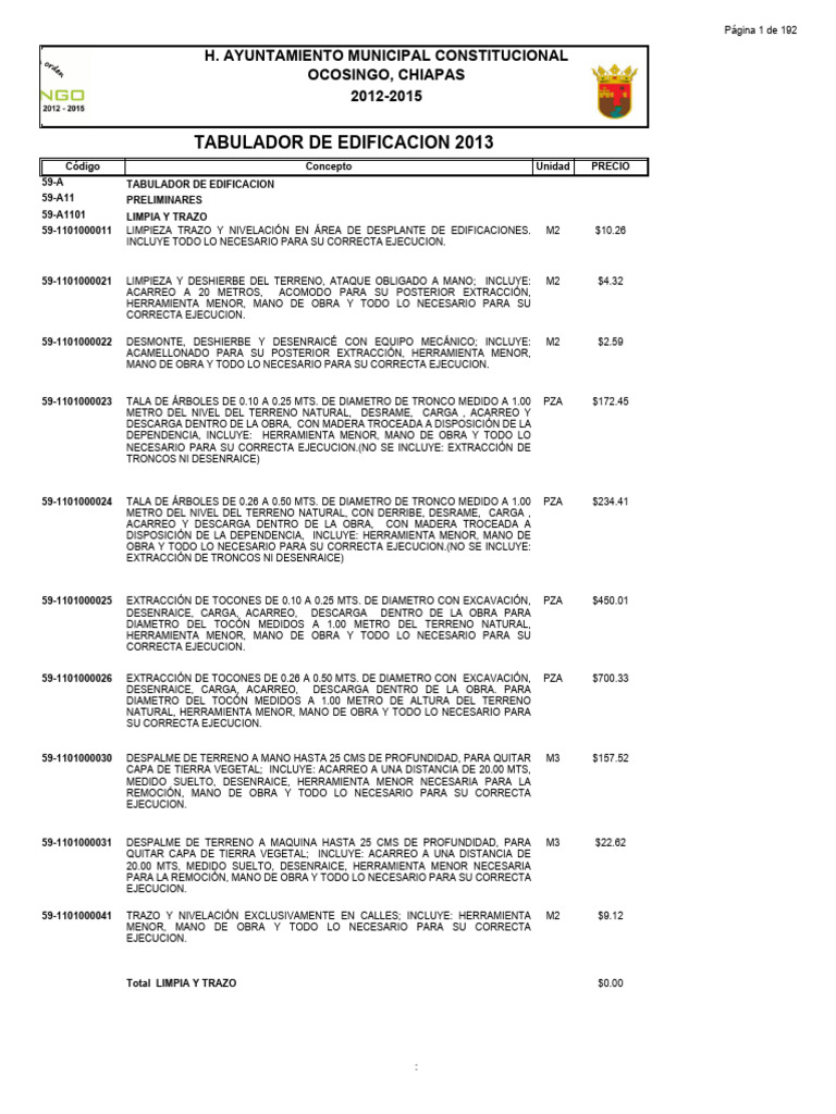 Tabulador Edificacion Ocosingo2013 Ok | PDF | Hormigón | Material compuesto