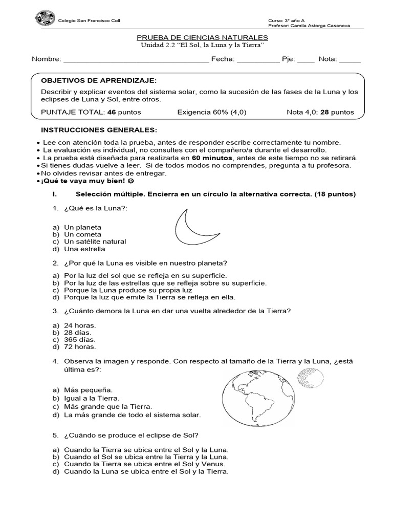 Prueba Unidad 2.2 El Sol, La Luna y La Tierra | PDF | Luna | Ciencia ...