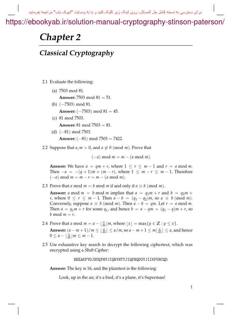 Sample For Solution Manual Cryptography 4th Edition by Douglas Stinson ...