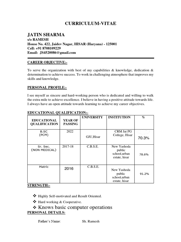 Curriculum-Vitae Jatin Sharma: Knows Basic Computer Operations | PDF