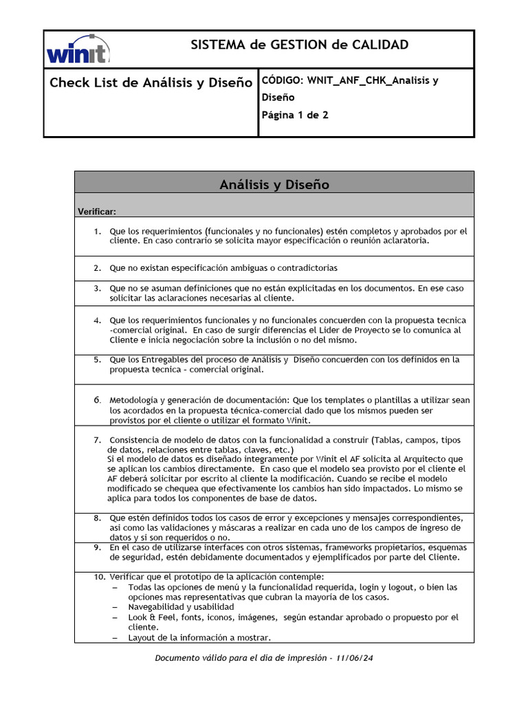 Check List para Análisis y Diseño de Calidad | PDF | Diseño | Ciencias ...