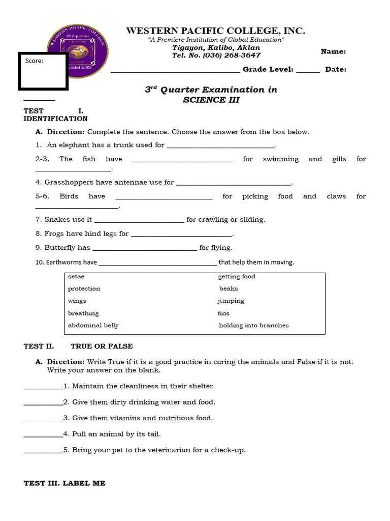 SCIENCE 3 EXAM | PDF | Animals And Humans | Zoology
