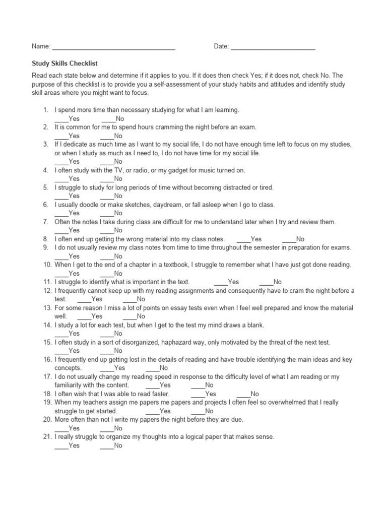 Study Skills Checklist | PDF | Study Skills | Thought