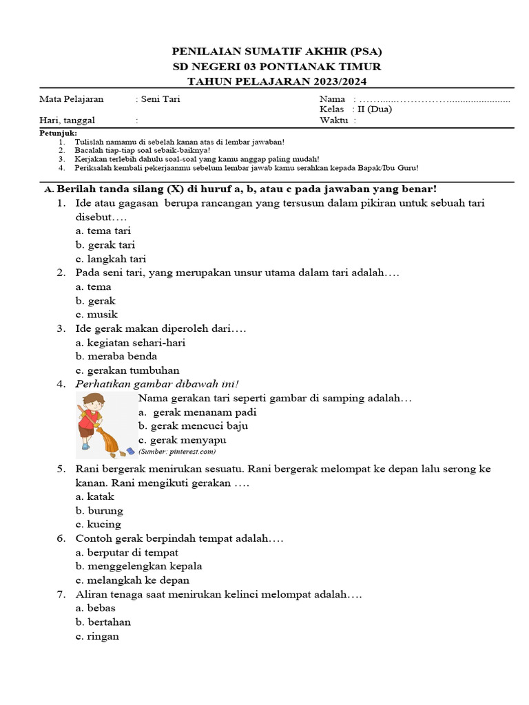 Soal Seni Tari Kelas 2 SD 2023 | PDF