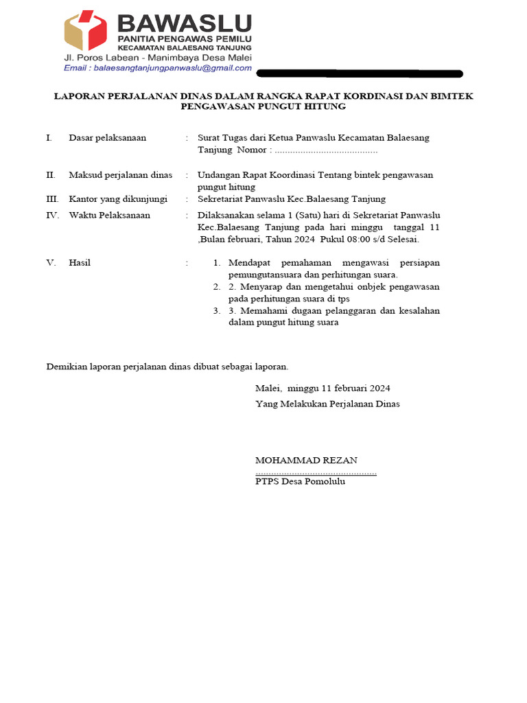 CONTOH - LAPORAN - PERJALANAN - DINAS Mohammad Rezan | PDF