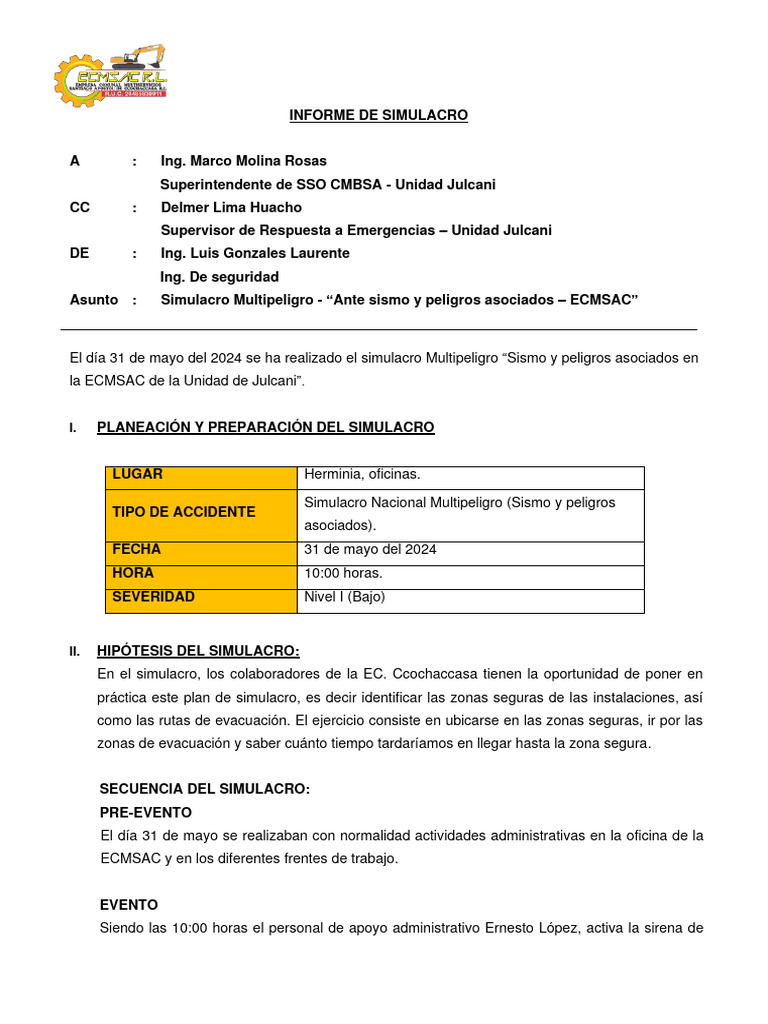 Informe de Simulacro Multipeligro 2024 - Ecmsac | PDF