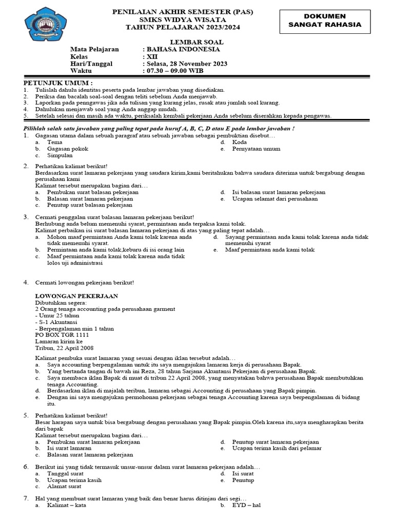 KOP PAS Bhs Indio Kls Xii | PDF