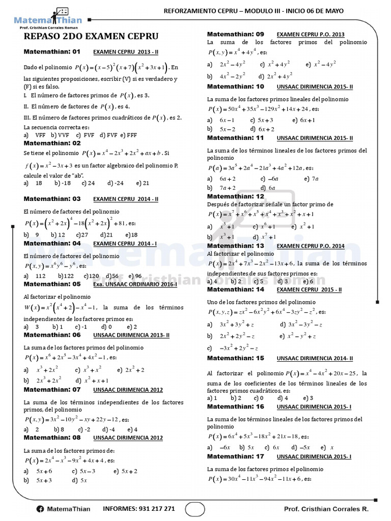 Repaso 2do Exa. Cepru Modulo III | PDF | Factorización | Aritmética
