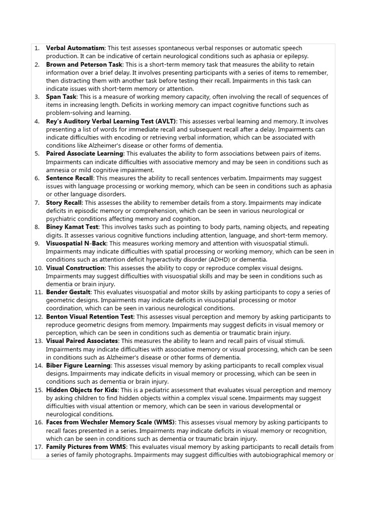 Cognitive Function Assessment Tests | PDF | Memory | Recall (Memory)