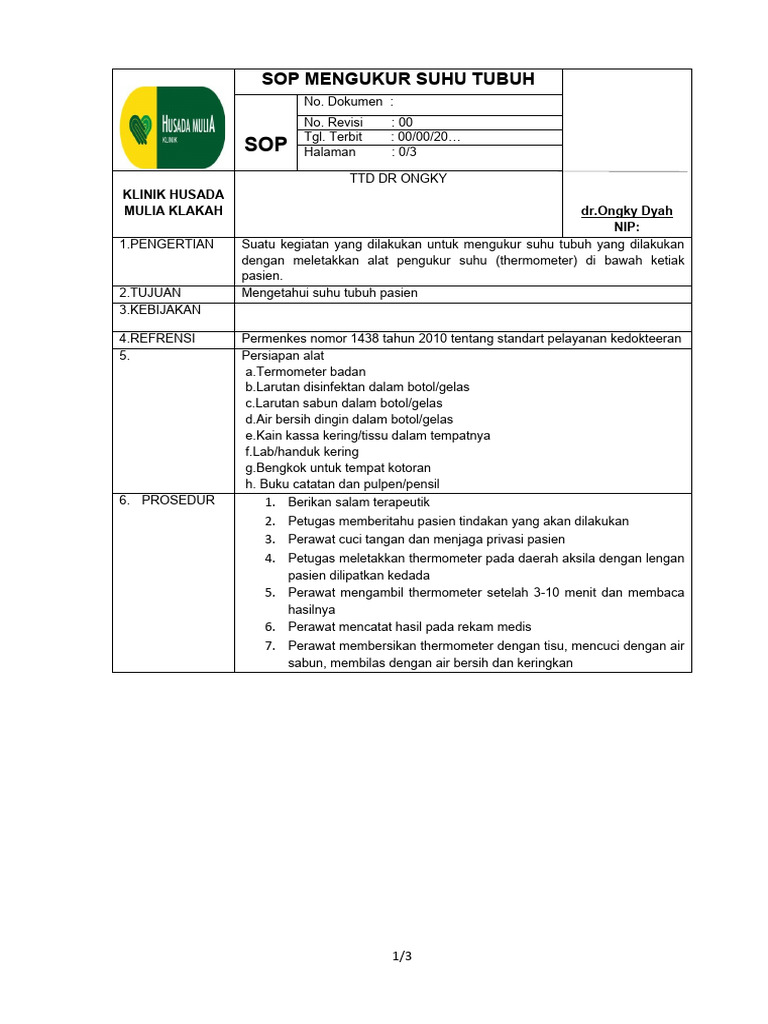 Format Sop KHM Klakah Mengukur Suhu Tubuh (Arissssssss) 1 | PDF | Kesehatan Holistik