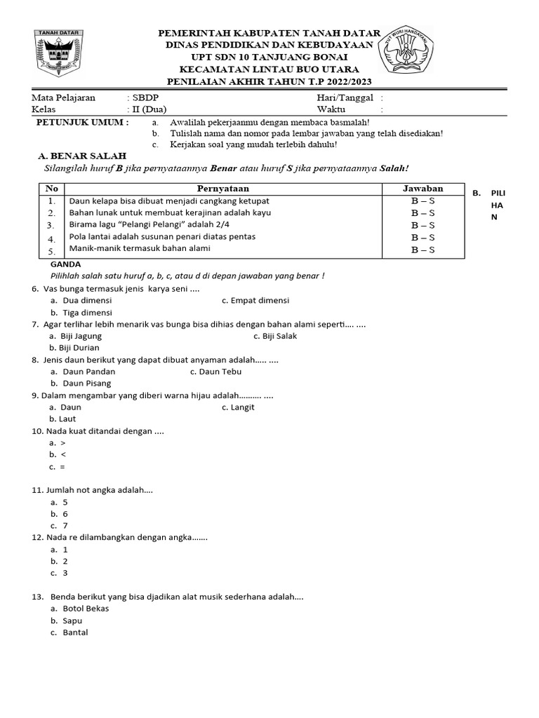 SOAL PAS SBDP Kelas 2 | PDF