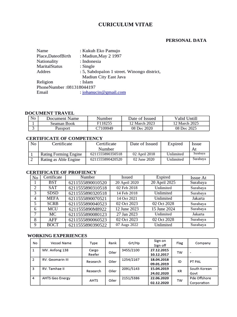 CV - Kukuh Eko Pamujo - Oiler | PDF