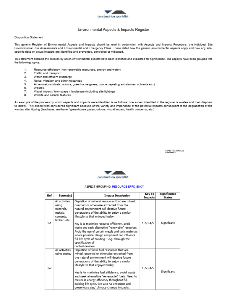 Environmental Aspects & Impacts Register-Construction.Disposition | PDF ... Environmental Aspects & Impacts Register-Construction.Disposition | PDF ...