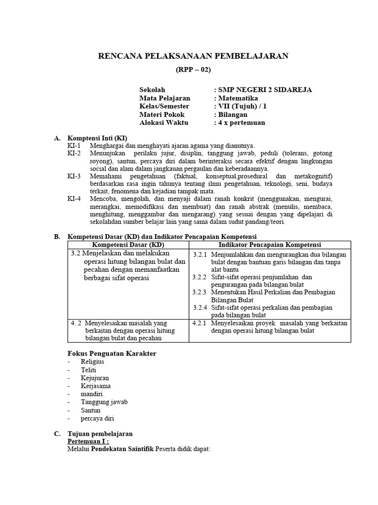 RPP 3. 2 Bilangan Bulat. 2018 New | PDF