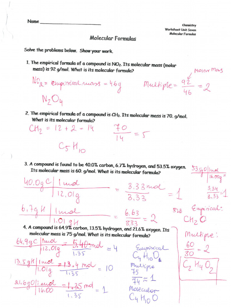 Molecular Formulas Worksheet | PDF