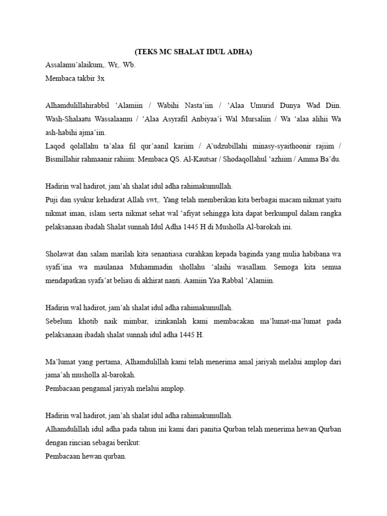 Teks MC Shalat Idul Adha 1445 H | PDF