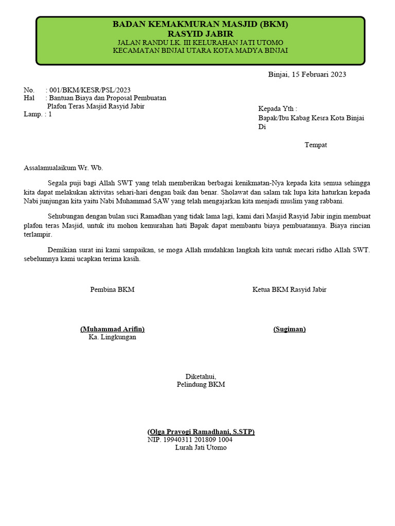 Proposal Plafon Teras Masjid Rasyid Jabir | PDF