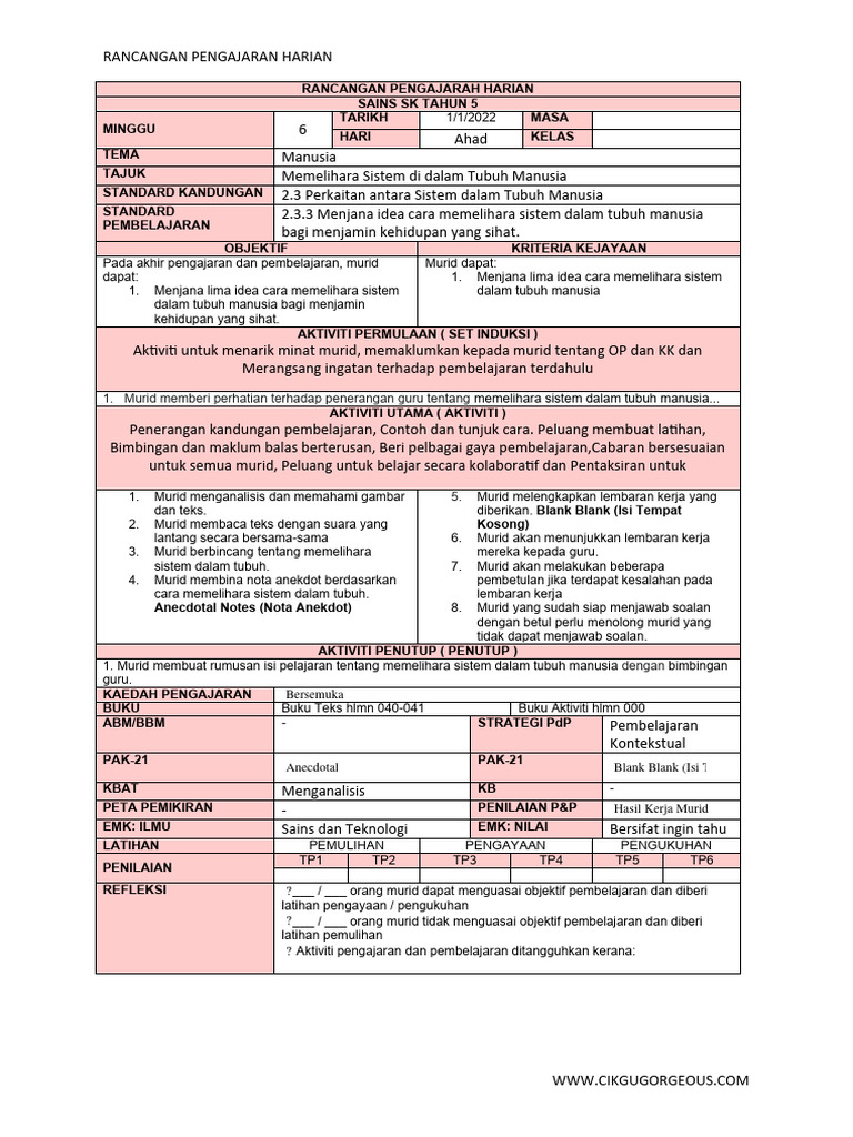 RPH Minggu 6 Sains THN 5 by Cikgu Gorgeous | PDF | Karier & Perkembangan