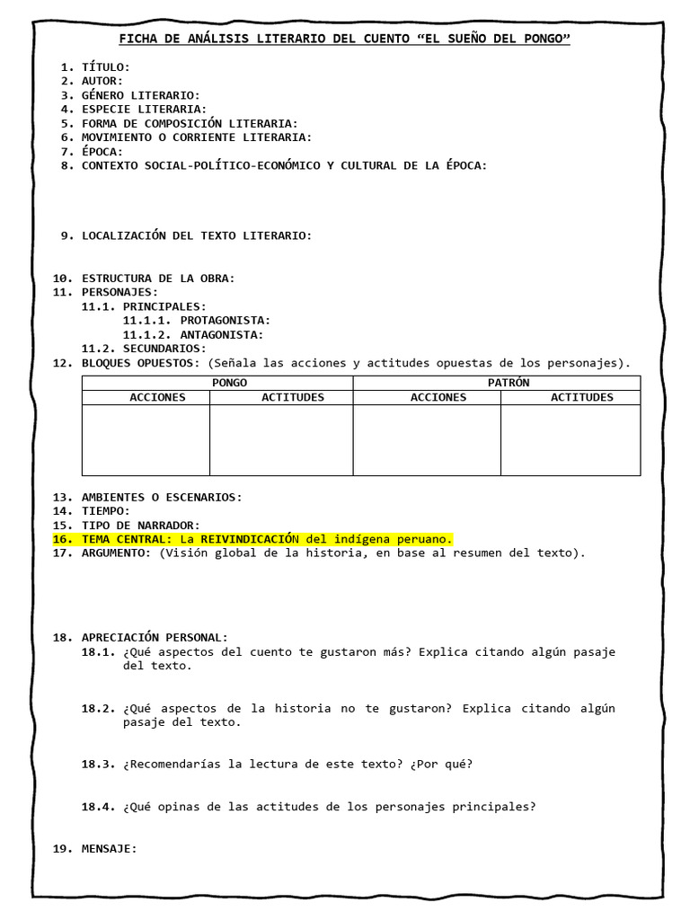 Ficha de Análisis Literario Del Cuento_sueño Del Pongo | PDF