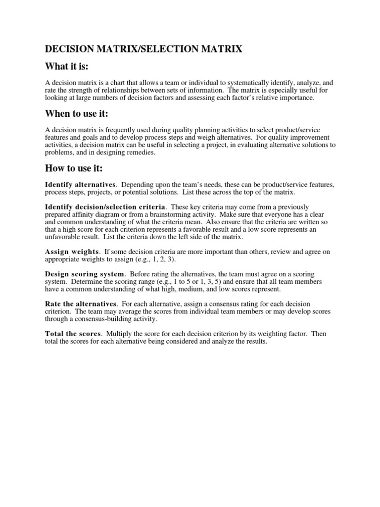 Decision Matrix Selection Matrix | PDF | Cognition | Business