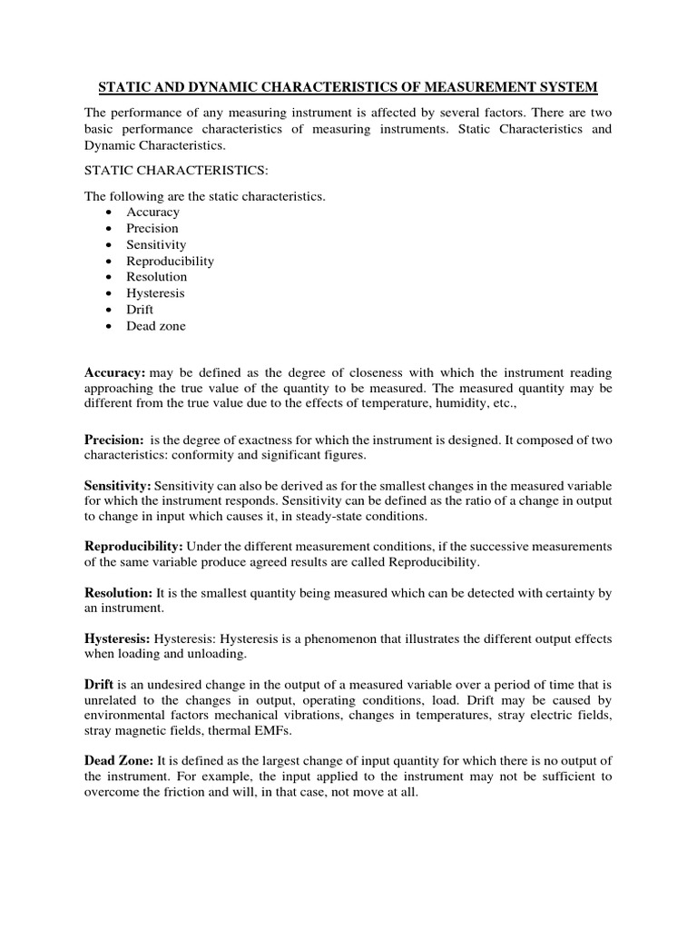 Static and Dynamic Characteristics of Instruments | PDF | Accuracy And Precision | Hysteresis