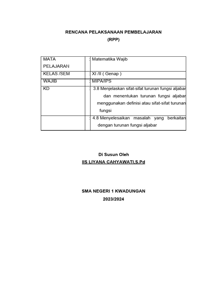 RPP Mat Wajib Turunan Fungsi Aljabar | PDF