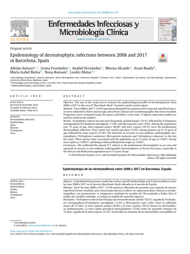 Epidemiology of Dermatophytic Infections Between 2008 and 2017 Spain ...
