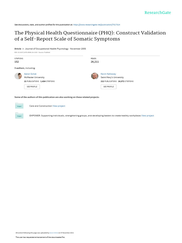 The Physical Health Questionnaire (PHQ) | PDF | Validity (Statistics ...