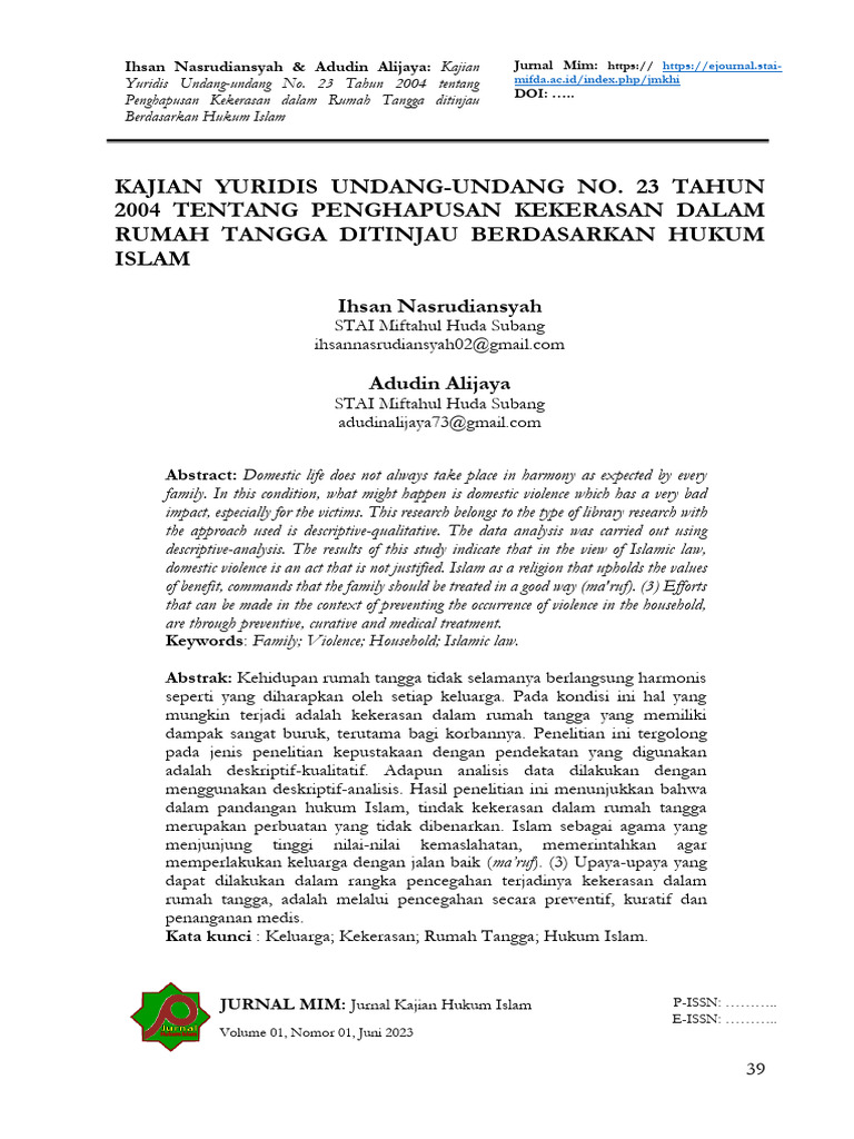 Kajian Yuridis Undang-Undang No. 23 Tahun 2004 Tentang Penghapusan Kekerasan Dalam Rumah Tangga ...