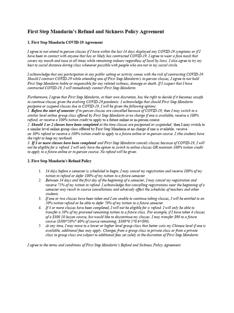 Example Refund and Sickness Policy Agreement | PDF | Academic Term ...