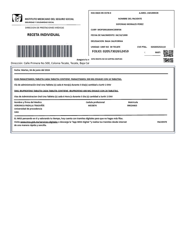 RECETA IMSS NUEVA PARACETAMOL y Ibuprofeno Sofonia Perez | PDF ...