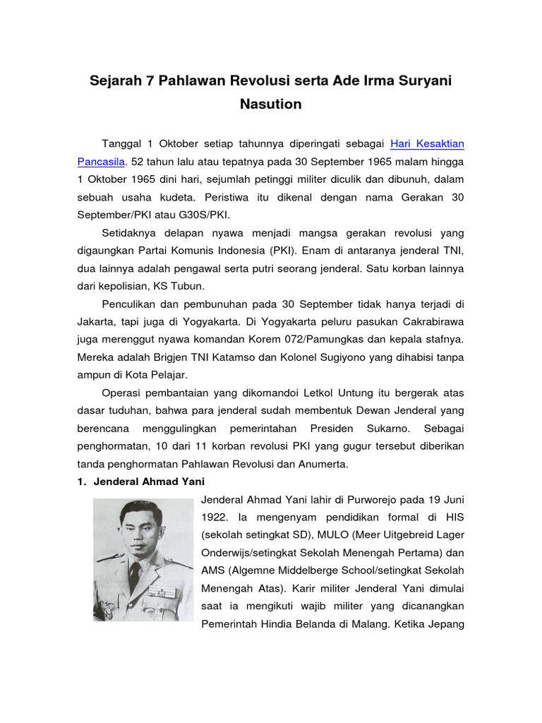Sejarah 7 Pahlawan Revolusi Serta Ade Irma Suryani Nasution | PDF