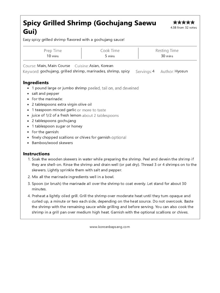 Spicy Grilled Shrimp (Gochujang Saewu Gui) - Korean Bapsang | PDF
