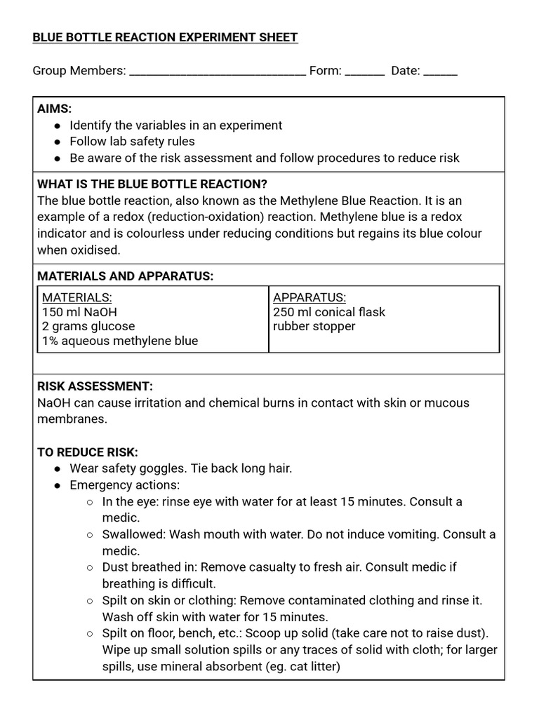 Blue Bottle Reaction Experiment Sheet | PDF