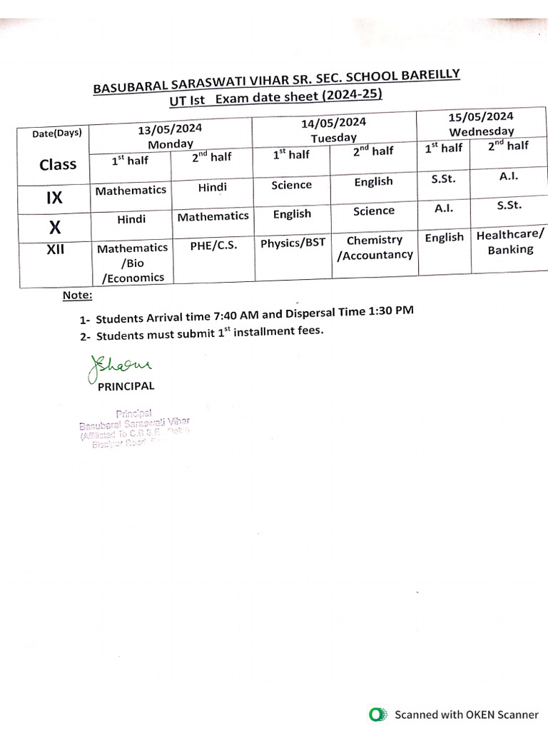 Date Sheet 9 To 12 Class | PDF