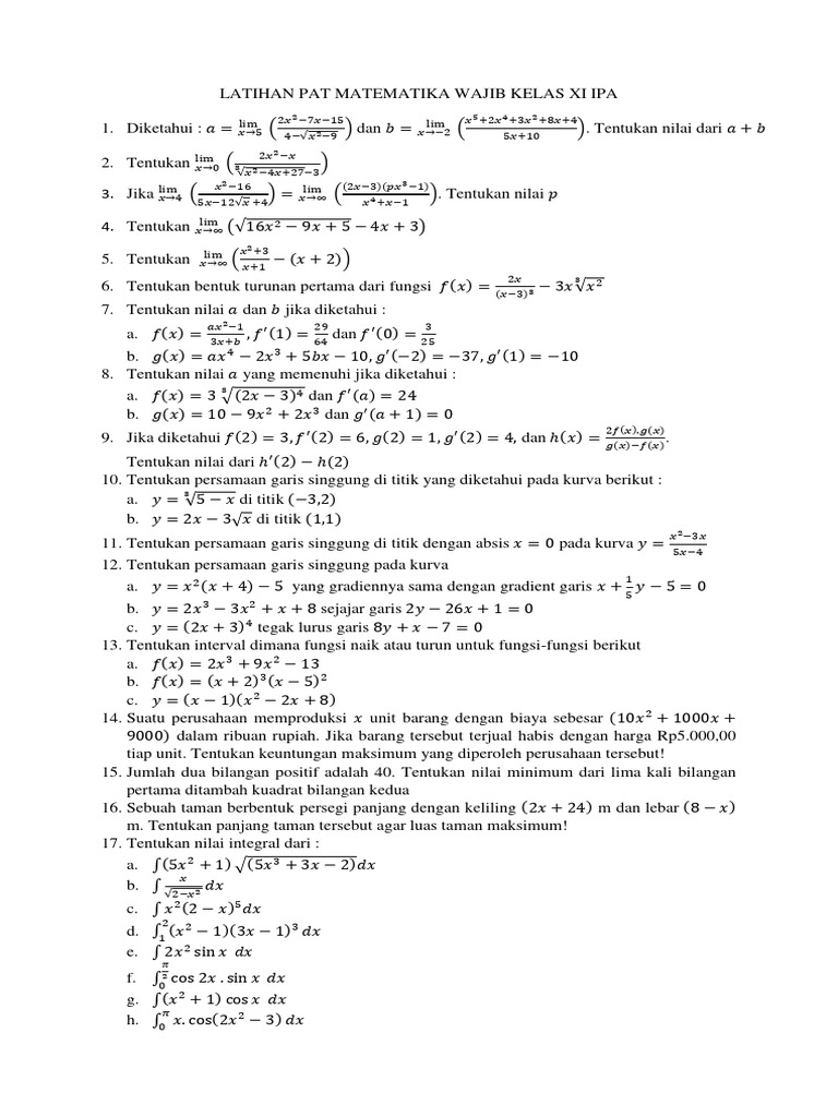 LATIHAN PAT MATEMATIKA WAJIB KELAS XI IPA | PDF