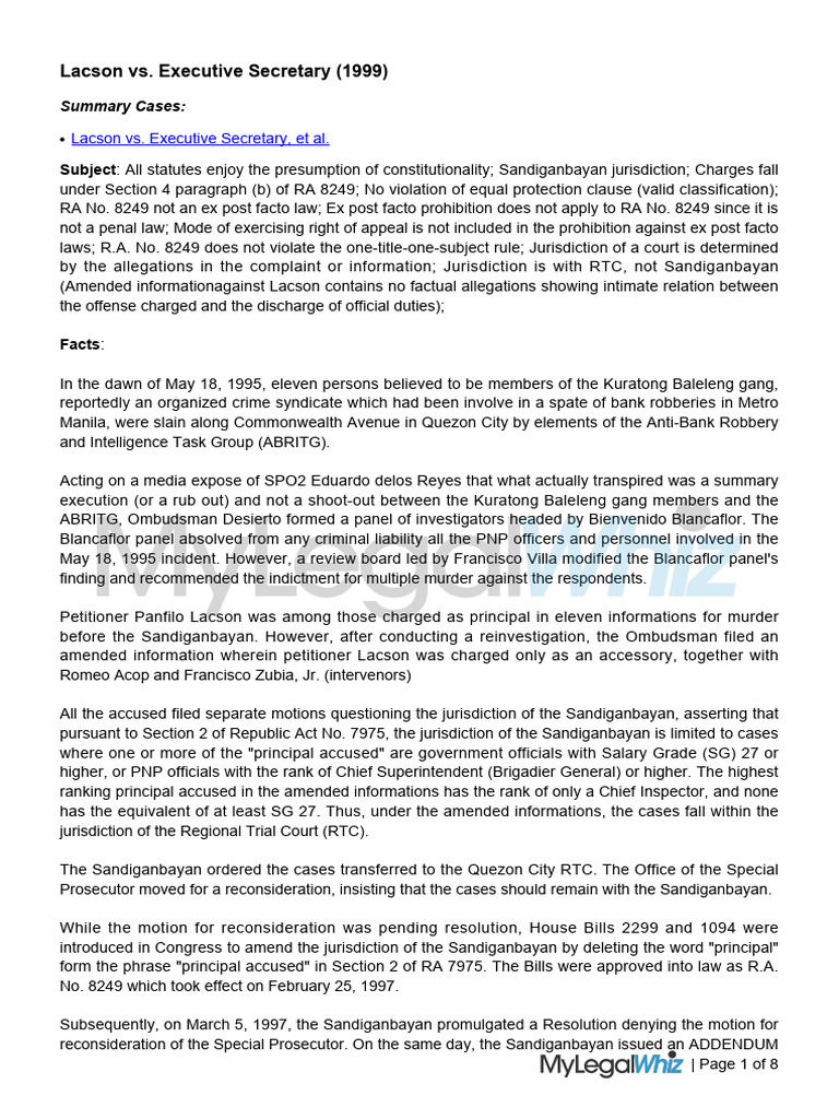 Lacson Vs Executive Secretary Et Al | PDF | Ex Post Facto Law | Aiding And Abetting