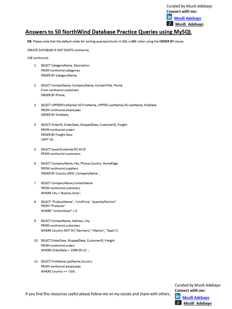 Answers To 50 Northwind Practice Queries Using MySQL | PDF | Databases ... Answers To 50 Northwind Practice Queries Using MySQL | PDF | Databases ...