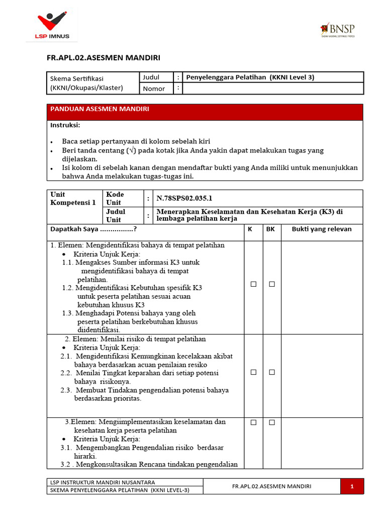 Fr-Apl-02 Asesmen Mandiri | PDF