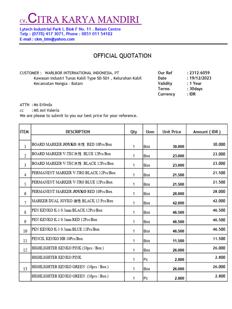 Quotation ATK 2024 - CV. CKM | PDF | Office Equipment | Stationery